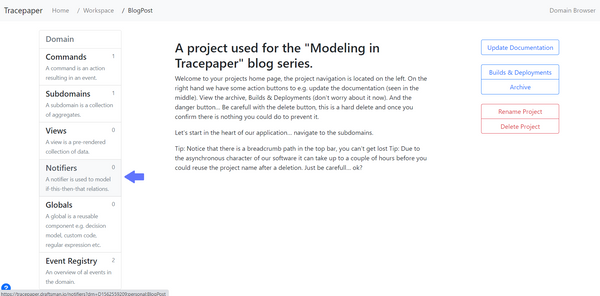 Modeling in Tracepaper: Notifiers